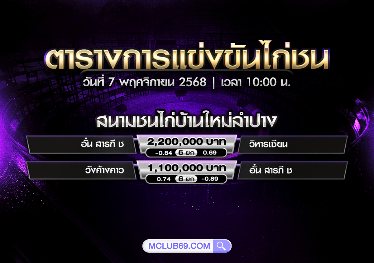 โปรแกรมชนไก่ บ้านใหม่ลำปาง 7/11/2568 ตารางคู่เดือด และเรตสนาม